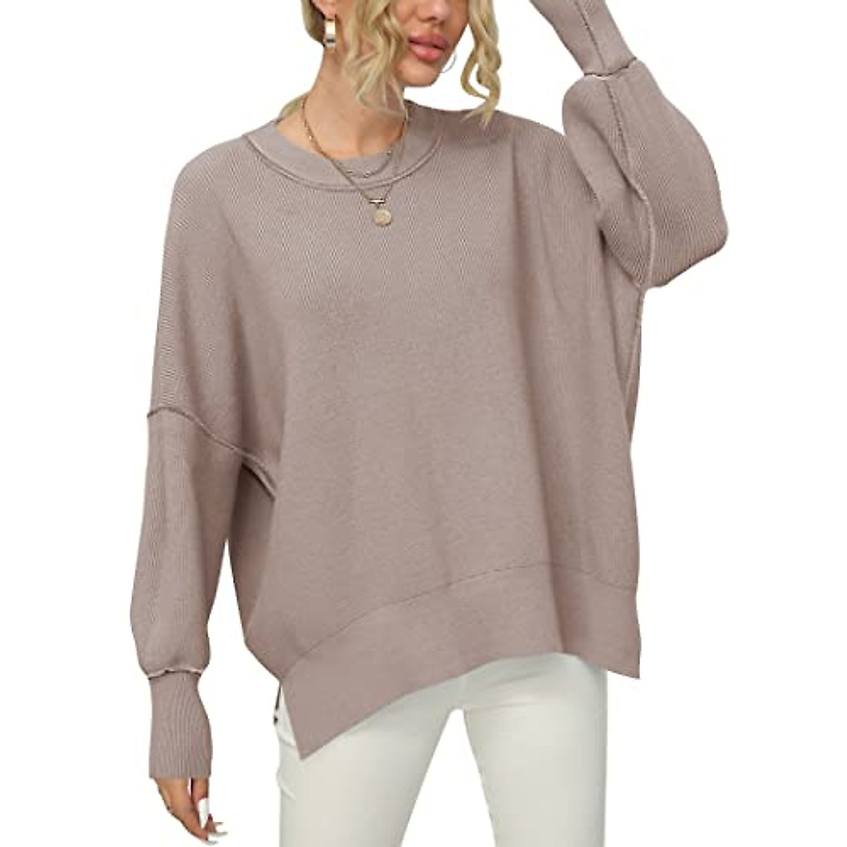 ANRABESS Women's Long Sleeve Oversized Crew Neck Solid Color Side Slit Knit Pullover Sweater A305hongxing-XS