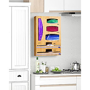 Bag Organizer Compatible with Ziplock, Jeethemy Foil and Plastic Wrap Organizer, 6 in 1 Bamboo Dispenser with Cutter for Kitchen Drawer and Wall Mounted, Storage for Gallon,Quart,Sandwich,Snack