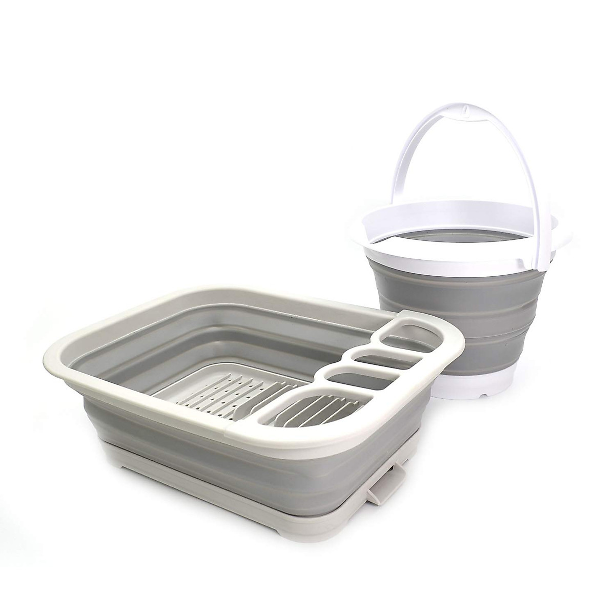 SAMMART 2pcs Kitchen & Outdoor Set : Collapsible Dish Drainer with Drainer Board & 5L Collapsible Plastic Bucket (2, Grey+Grey)