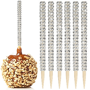 32 PCS Bling Candy Apple Bamboo Sticks, Caramel Apple Wooden Pointed Skewers with Rhinestones Diamond Mesh Wrap, Fruit Treats Pop Dec Bar for Dessert Table Tea Party Birthday Wedding (Silver)