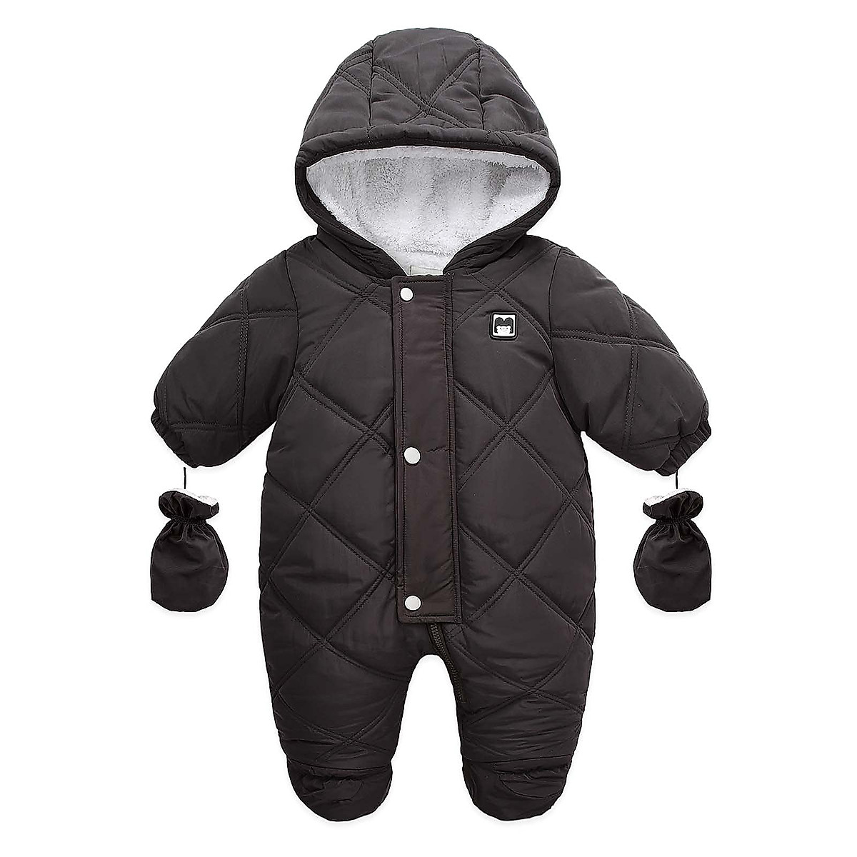 Tengoait Infant Baby Hooded Snowsuit Infant Boys Girls Warm Zipline Winter Jacket Cute One Piece Footie Outwear with Gloves Outfit Black for 12-18 Months (M1)