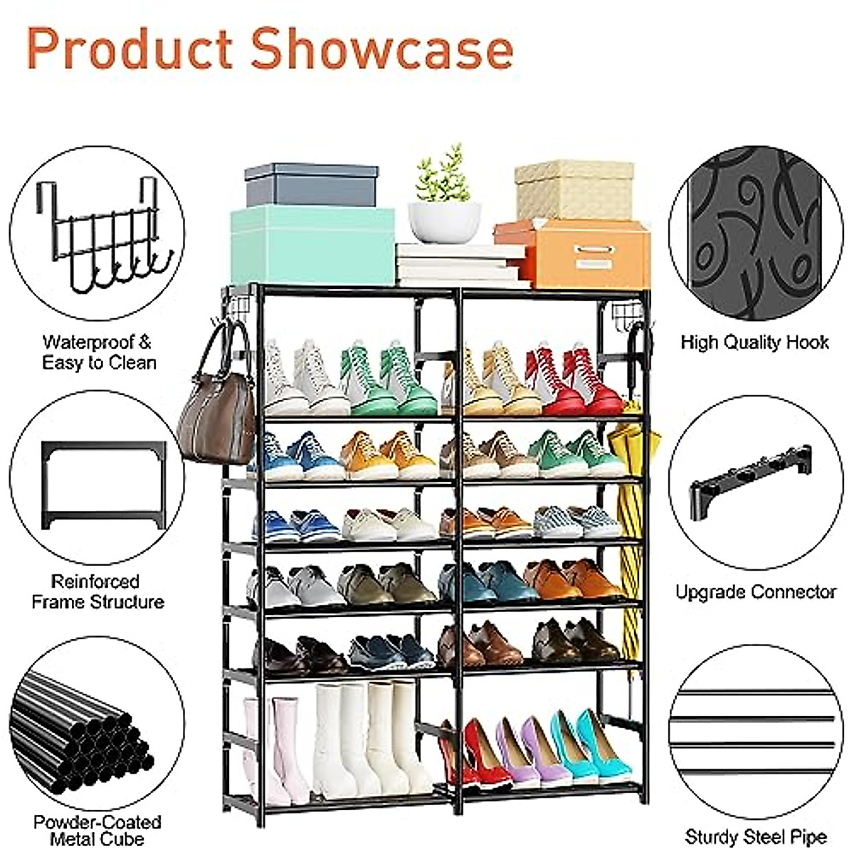LOEFME 7 Tier Shoe Rack, Metal Shoe Rack Organizer, 24-28 Pairs Tall Shoe Stand, Quick Assembly, Stackable DIY Shoes Rack Space-Saving, Boot Rack Shoe Holder for Entryway, Closet, Garage, Bedroom