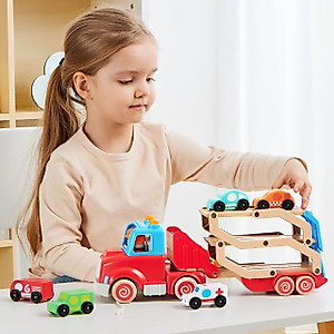 JOYIN Wooden Carrier Truck for Boys - 9 in 1 Foldable Track Carrier Truck Set, 1 Transport Toy Truck with 6 Wooden Cars, 2 Action Figures, 3 Layer Transformable Carriage Set, Toy Cars for Toddlers