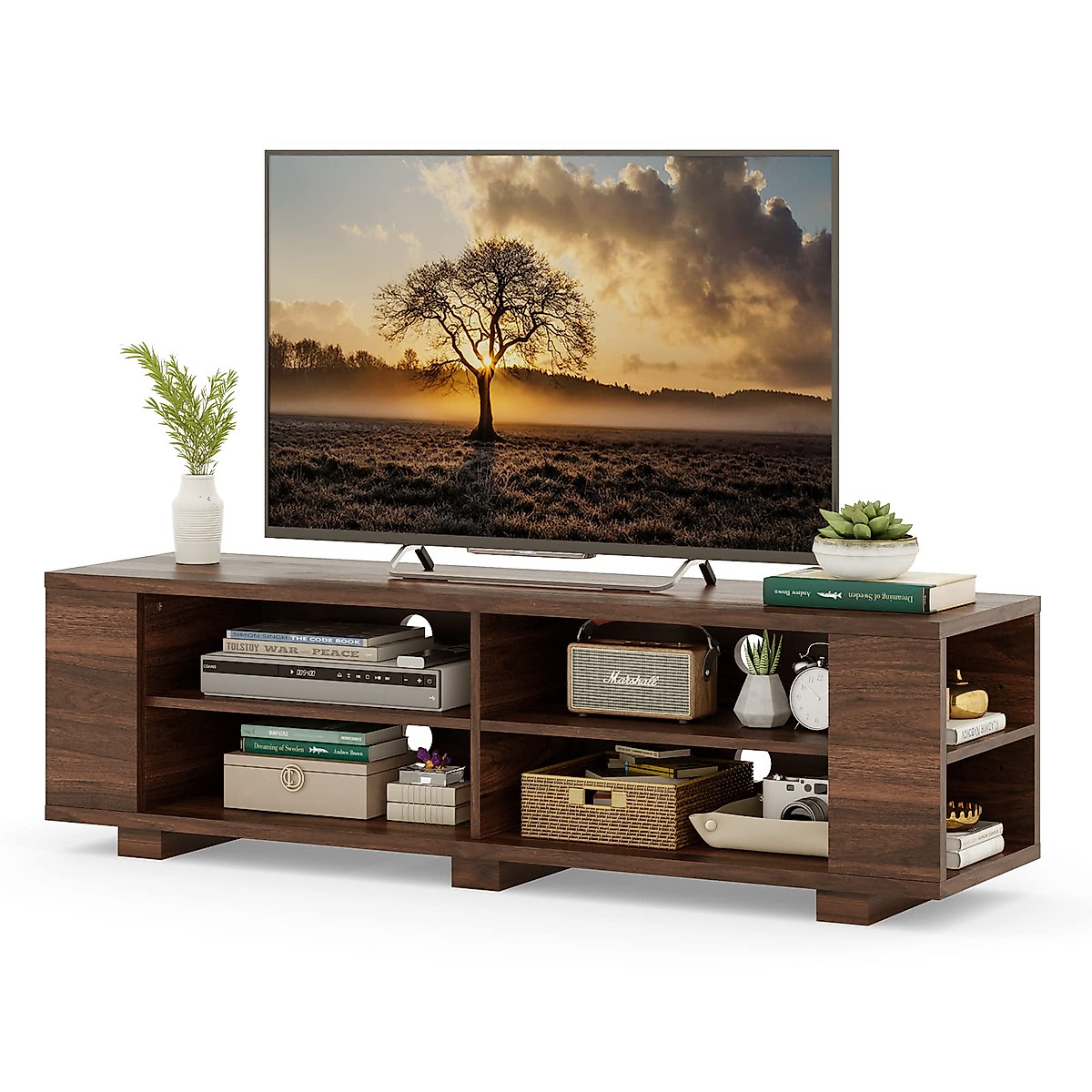 Tangkula Wood TV Stand for TVs up to 65 Inch Flat Screen, Modern Entertainment Center with 8 Open Shelves, Universal TV Storage Cabinet for Living Room Bedroom, TV Console Table (Walnut)