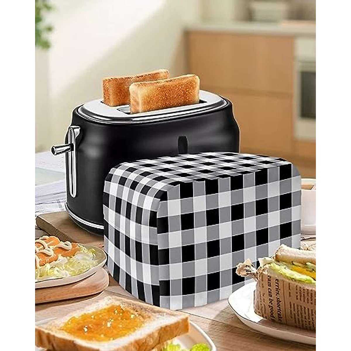 Toaster Cover, 2 Slice Toaster Cover Vintage Farmhouse Black White Buffalo Check Plaid Kitchen Small Appliance Covers, Dust and Machine Washable Bread Maker Cover (12w X 7.5d X 8h)