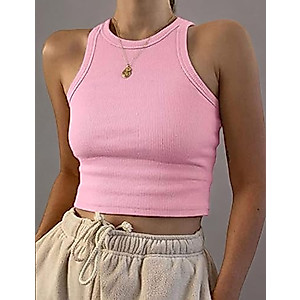 MISSACTIVER Women Basic Sleeveless Vest Crop Tank Top Casual Crew Neck Binding Crop Top (Small, Pink)