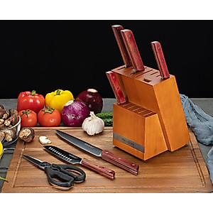 14 Slot Kitchen Knives Block, WELLSTAR Natural Wood Knife Holder without Knives – Hard Wood Countertop Knife Storage – Brown