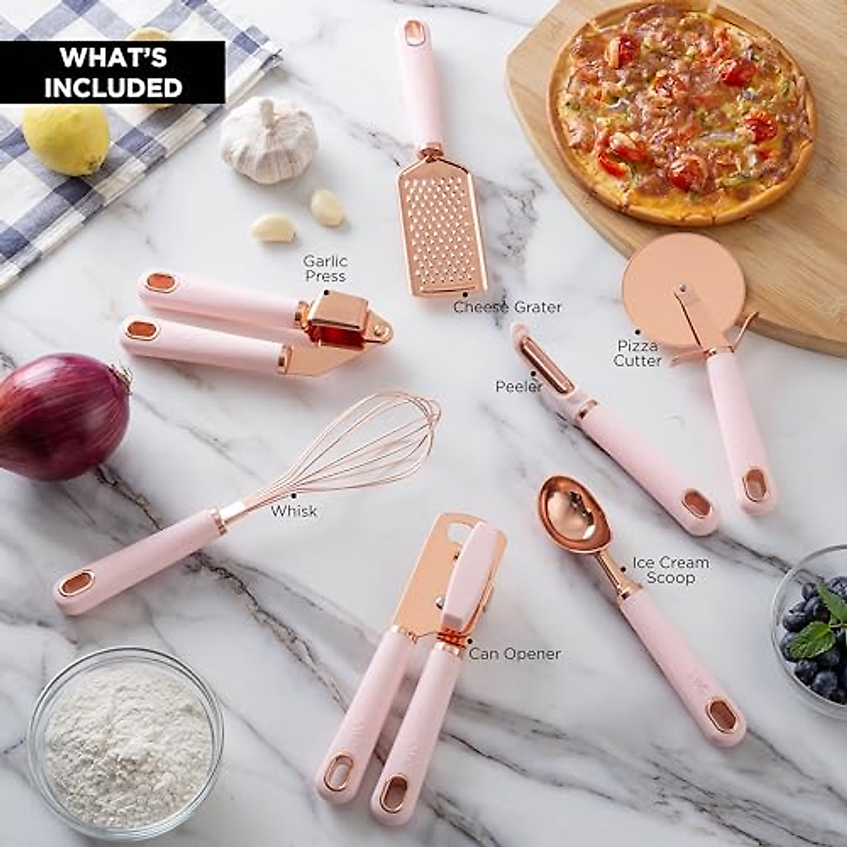 COOK With COLOR 7 Pc Kitchen Gadget Set Copper Coated Stainless Steel Utensils with Soft Touch Pink Handles