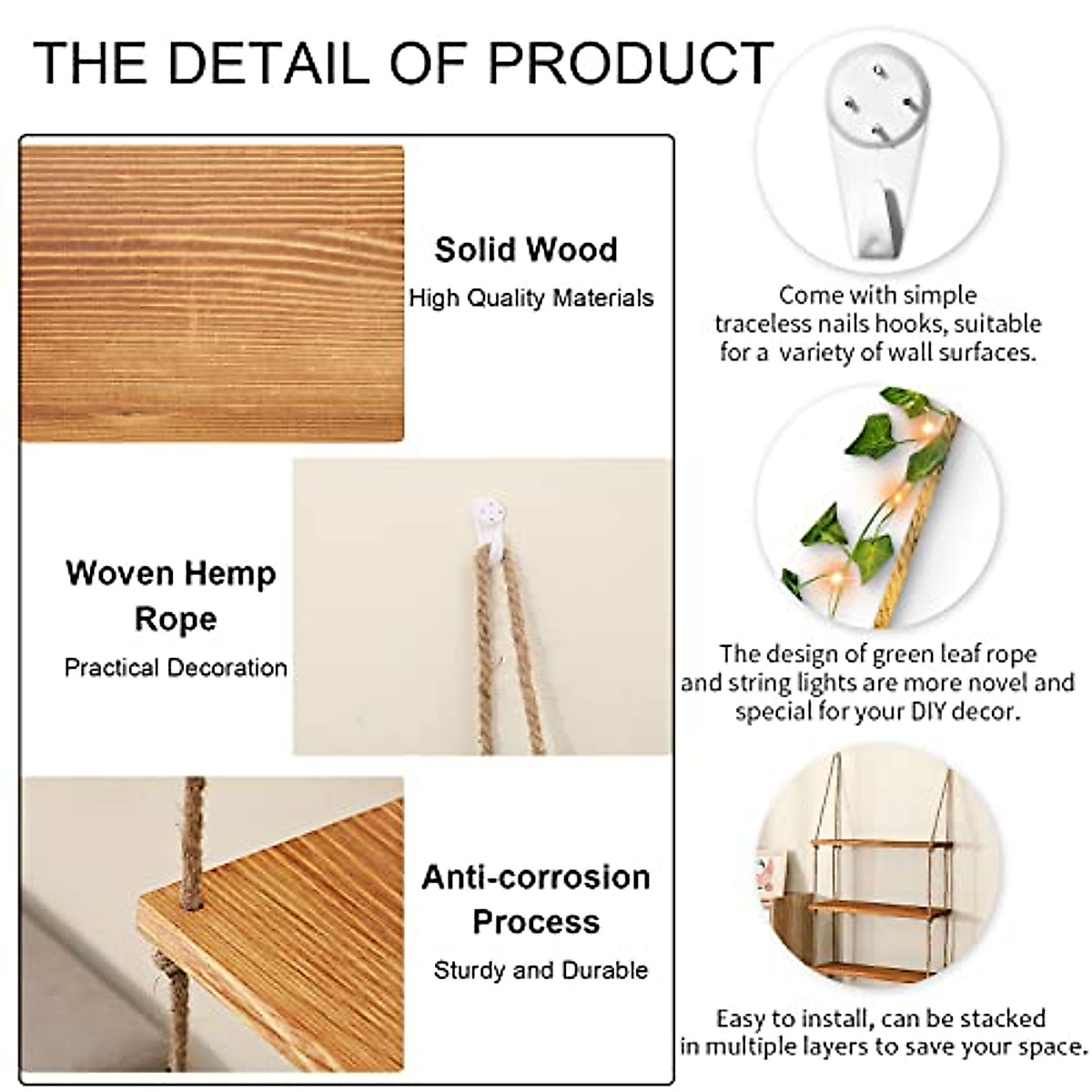 CLQ Artificial Ivy LED-Strip Wall Hanging Shelves, Hanging Plant Shelf, Macrame Wall Hanging Shelf for Bedroom Bathroom Living Room Kitchen, Wood Hanging Plant Shelves for Wall Decor