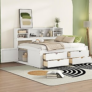 Hlcodca Full Size Daybed with Storage Drawers, Bedside Cabinets and Upper Shelves, Pine Wood Captains Bed with Bookshelf for Kids Boys Girls Teens (White-Full Size Wood Daybed)