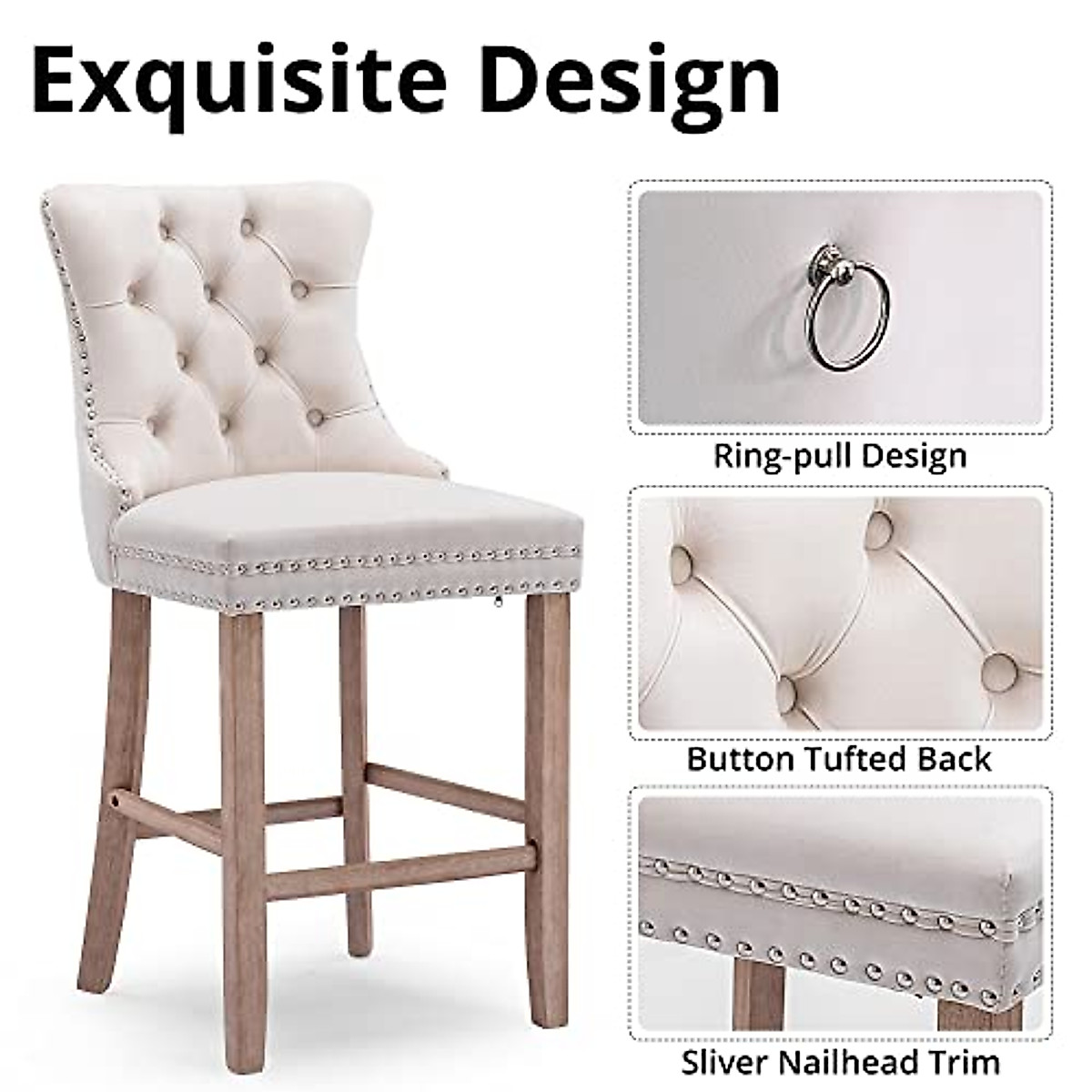 i-POOK Counter Height Bar Stools Set of 4, Velvet Upholstered Barstools with Button Tufted, Nailheads Trim and Solid Wood Legs, Full Back Bar Chairs for Kitchen Island Dining Room Pub Cafe, Beige