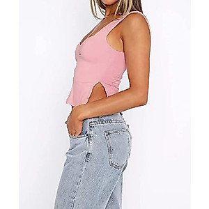 ForeFair Women Sexy Sleeveless Backless Crop Tank Top Pleated Bustier Sweetheart Neck Strappy Y2K Slits(Pink,XS)