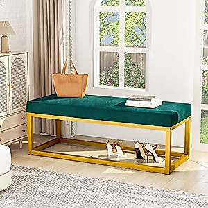Lamerge Velvet Bench,Modern Upholstered Entryway Bench Bedside Bench, Dining Long Bench with Golden Metal Frame,Perfect for Dressing Room,Living Room,Hallway,Bedroom and So on,Emerald (LVB-E)