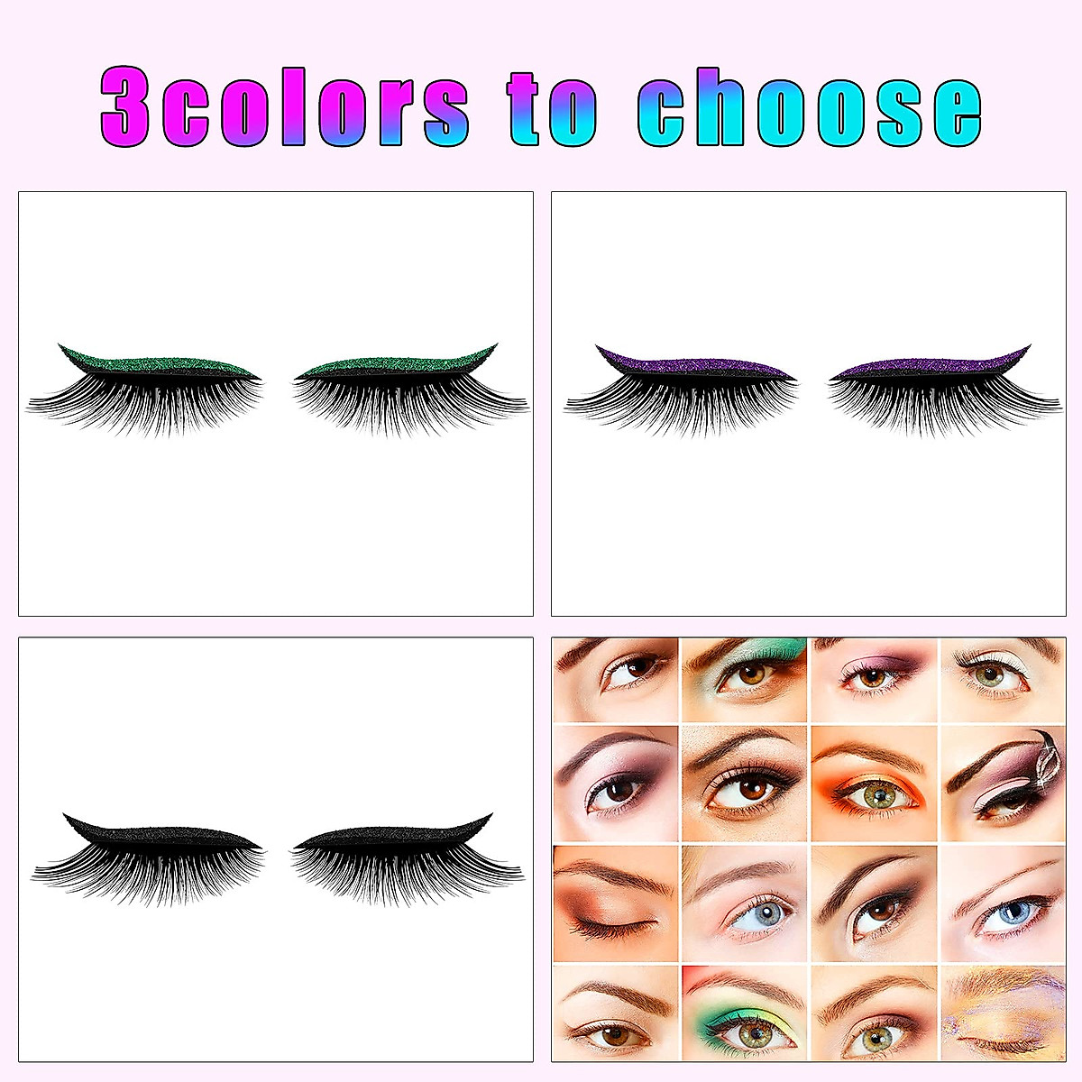 12 Pairs Eyeliner Stickers with Eyelash Reusable Waterproof Glitter Eyeliner Eyelash Stickers Self-adhesive Eye Liners Strip Stickers Eye Makeup Tool for Girl Make up Cosplay (Green, Black, Purple)