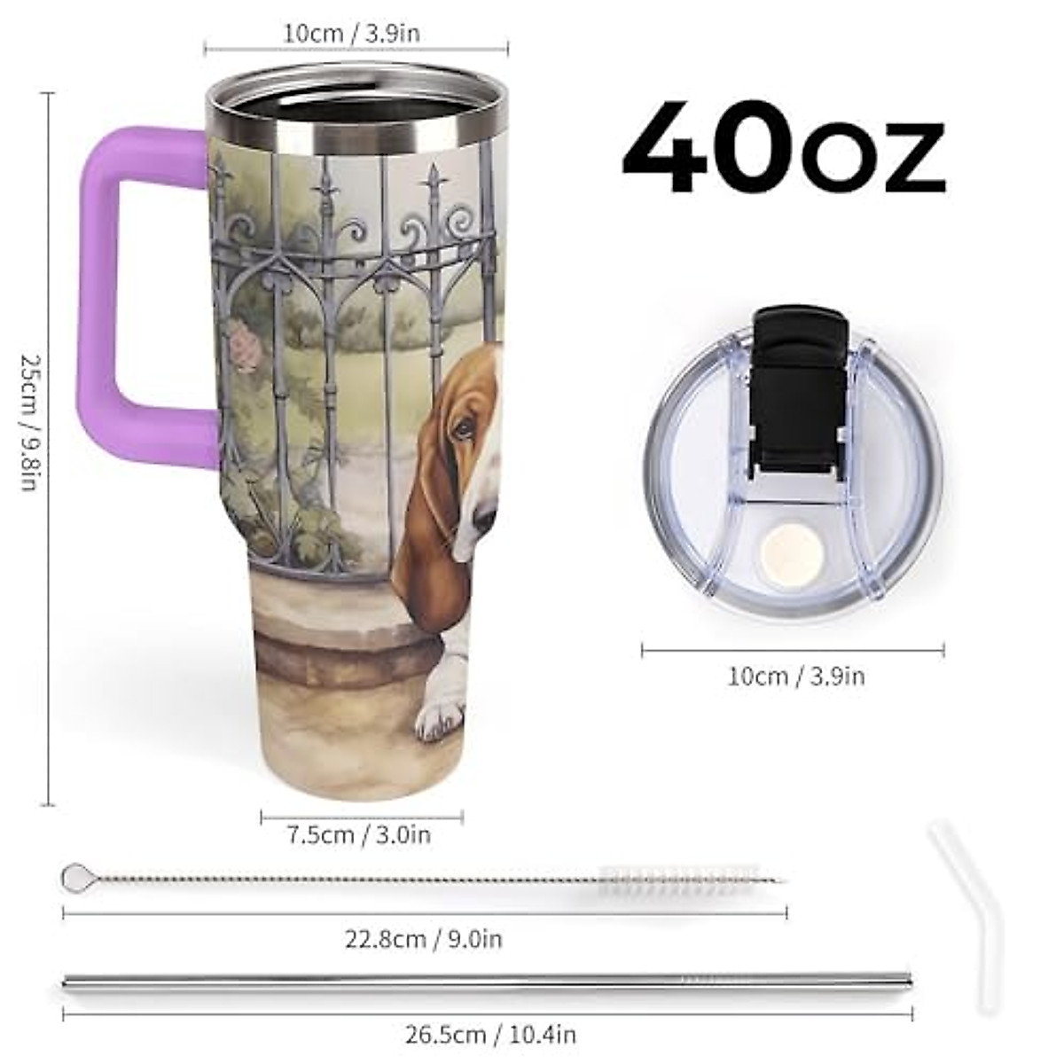 Basset Hound at The Gate 40 Oz Stainless Steel Cup Travel Tumbler with Handle and Straw Lightweight Coffee Mug for Home Office