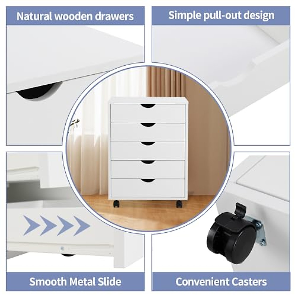 NEWBULIG 5 Drawer Storage Organizer, Wood File Cabinets with Wheels, Large Printer Stand for Home Office Study Dressing Room