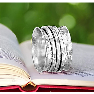 Spinner Ring Silver For Women Girls, 925 Sterling Silver Spinner Ring, Spin Ring, Three Tone Fidget Band Spinner Ring, Classic Hammered Meditaion Spinner Ring, Christmas Spinner Ring Size us 12