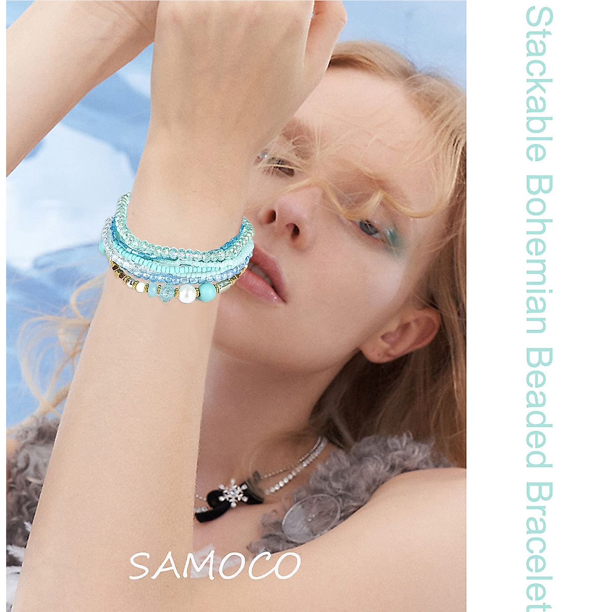 SAMOCO 9 Sets Bohemian Stackable Bead Bracelets for Women Stretch Multilayered Bracelet Set Multicolor Jewelry