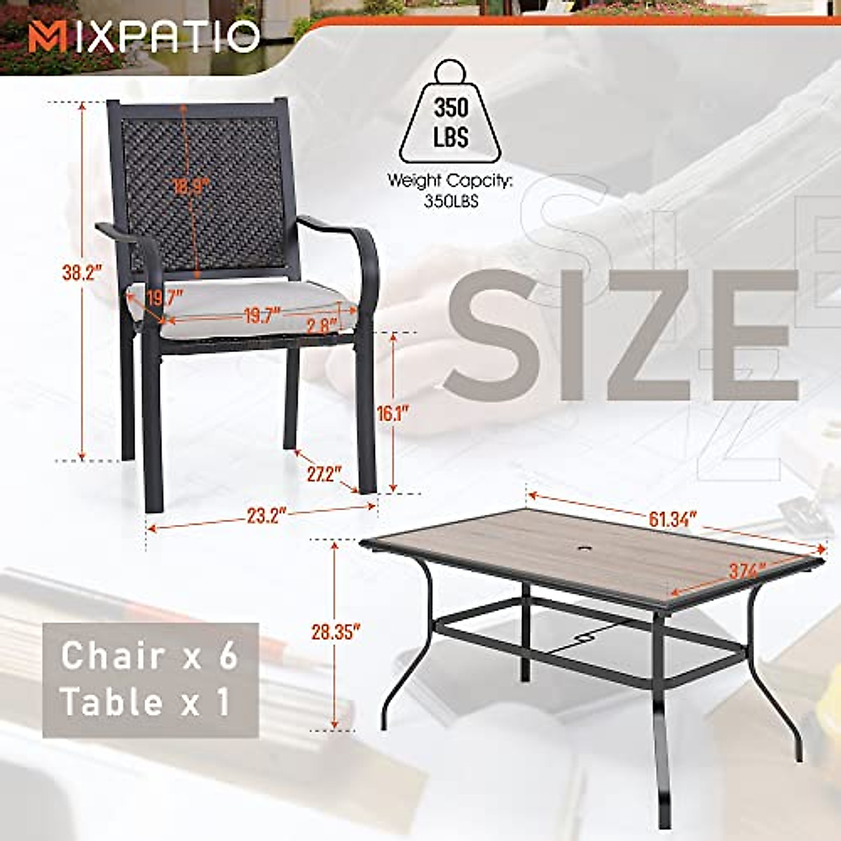 MIXPATIO Outdoor Patio Dining Set 7 Pcs, Patio Dining Table Chair Set, 6 Rattan Chairs with Cushions and 1 Dining Table with Umbrella Hole, for Lawn, Garden, Yards, Poolside