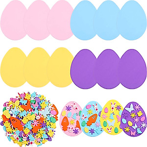 12 Pieces DIY Easter Foam Stickers Self-Adhesive Big Easter Egg Stickers and 300 Pieces Bunnies Chicks Flower Shaped Stickers for Kids Crafts Arts Party Supplies