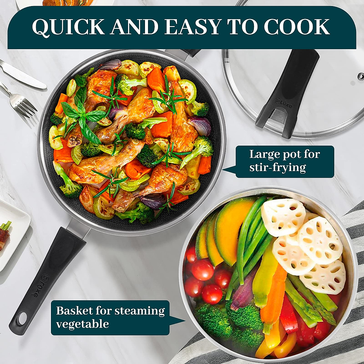 DELUXE Wok Steamer Basket Spatula Set, 12.6 Inch Honeycomb Wok Pan with Lid and Stainless Steel Steamer Pot, Large Cooking Nonstick Pan for Saute Steam Food, Compatible Induction Gas Cooktops