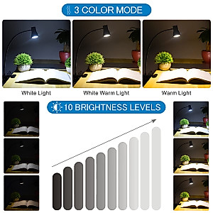 KNAMKY USB LED Desk Lamp Clip On Reading Light, 3 Light Mode 10 Dimmable Brightness Levels Book Light for Dorm Bed Headboard, Adjustable Flexible Neck Clamp Light, Perfect for Working Studying