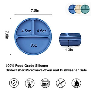 Wee me Suction Plates for Babies & Toddlers - Silicone Plates with Lids and Spoon Fork For Baby, Dishwasher and Microwave Oven Safe, 3 Pack (Beige, Sage & Dark Blue)