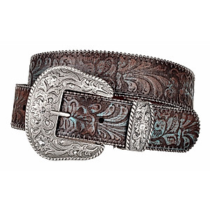 Western Scroll Buckle with Turquoise Tinted Embossed Brown Leather Belt (S)