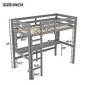 GLORHOME Twin High Loft Bed with Under-Bed Desk & 2-Tier Storage Shelves Ladder Safety Guard Rails, Space Saving Bedroom Furniture for Teens Adults