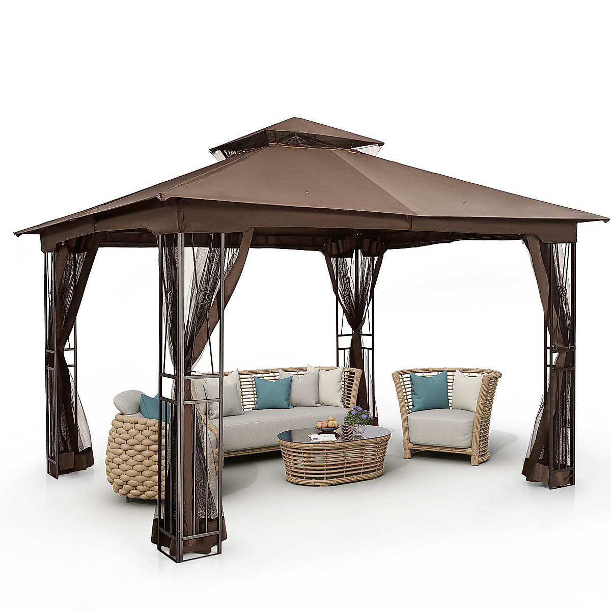 BACKYADOOR 10'X12' Gazebo, Outdoor Gazebo with Mosquito Netting, Patio Gazebo with Ventilation Double Roof for Patio, Deck, Garden (Dark Brown)