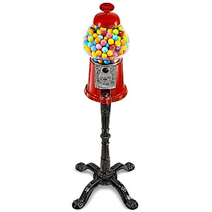 Gumball Machine - 15 Inch Candy Dispenser with Stand for 0.62 Inch Bubble Gumball - Heavy Duty Red Metal with Large Glass Bowl - Easy Twist-Off Refill - Free or Coin Operated - by The Candery