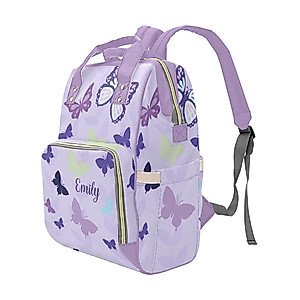 Yeshop Butterfly Purple Personalized Diaper Bag Backpack Tote with Name,Custom Travel Nappy Mommy Bag Backpack for Baby Girl Boy Gift, A300, 10.83In x 6.69Inx 15In