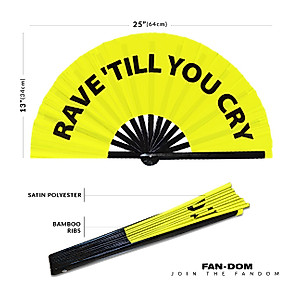 Rave 'Till You Cry hand fan foldable bamboo circuit hand fan funny gag slang words expressions statement gifts Festival accessories Rave handheld Circuit event fan Clack fans (Yellow)