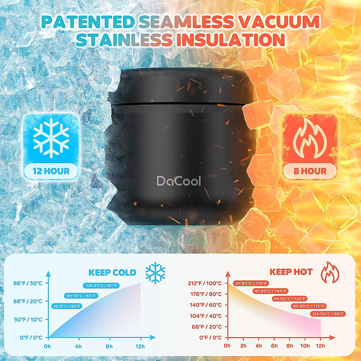 DaCool Lunch Thermos for Kids Vacuum Stainless Steel 13.5 Ounce Kids Food Thermos for Hot/Cold Food Insulated Food Jar Lunch Container Bento for School Office Picnic Travel Outdoors, BPA Free,Black