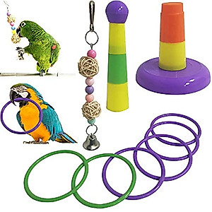 kathson Bird Hides Coconut Nest with Ladder Perches Hanging Parrot House Cage Natural Coconut Fiber Parakeet Chewing Toys Intelligence Training Rings for Small Budgies Cockatiels 5PCS