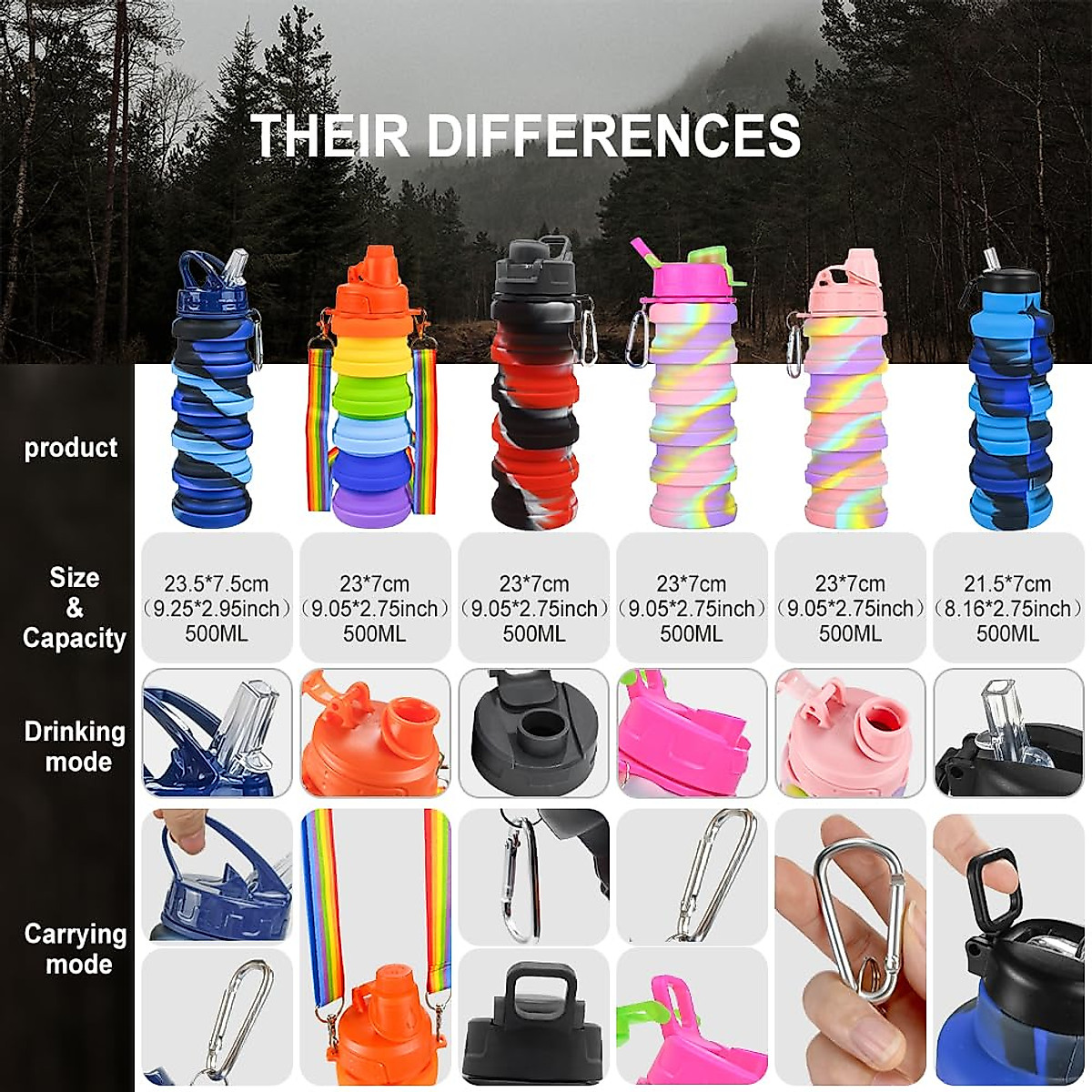 WATMHHJQ 2Pack Silicone Collapsible Water Bottles, Leakproof 16oz Portable Foldable Expandable Water Bottle Sports Cups with Straw,BPA Free, for Outdoor Gym Travel(Pink+Rose red)