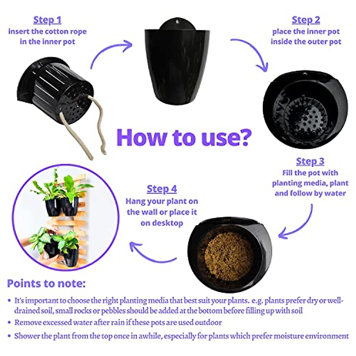 LaLaGreen Wall Planters for Indoor Plants - 10 Pack, 5 Inch Black Self Watering Wall Planter, Eco Wall Mounted Planters System Living Hanging Wall Pots Holder Trendy Live Wall Garden Indoor for Herb