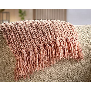 Lumina Lou Knitted Throw Blanket- Oversized Knit Boho Blanket for Couch and Bed- Super Soft Chenille Knit Blush Pink Throw Blanket