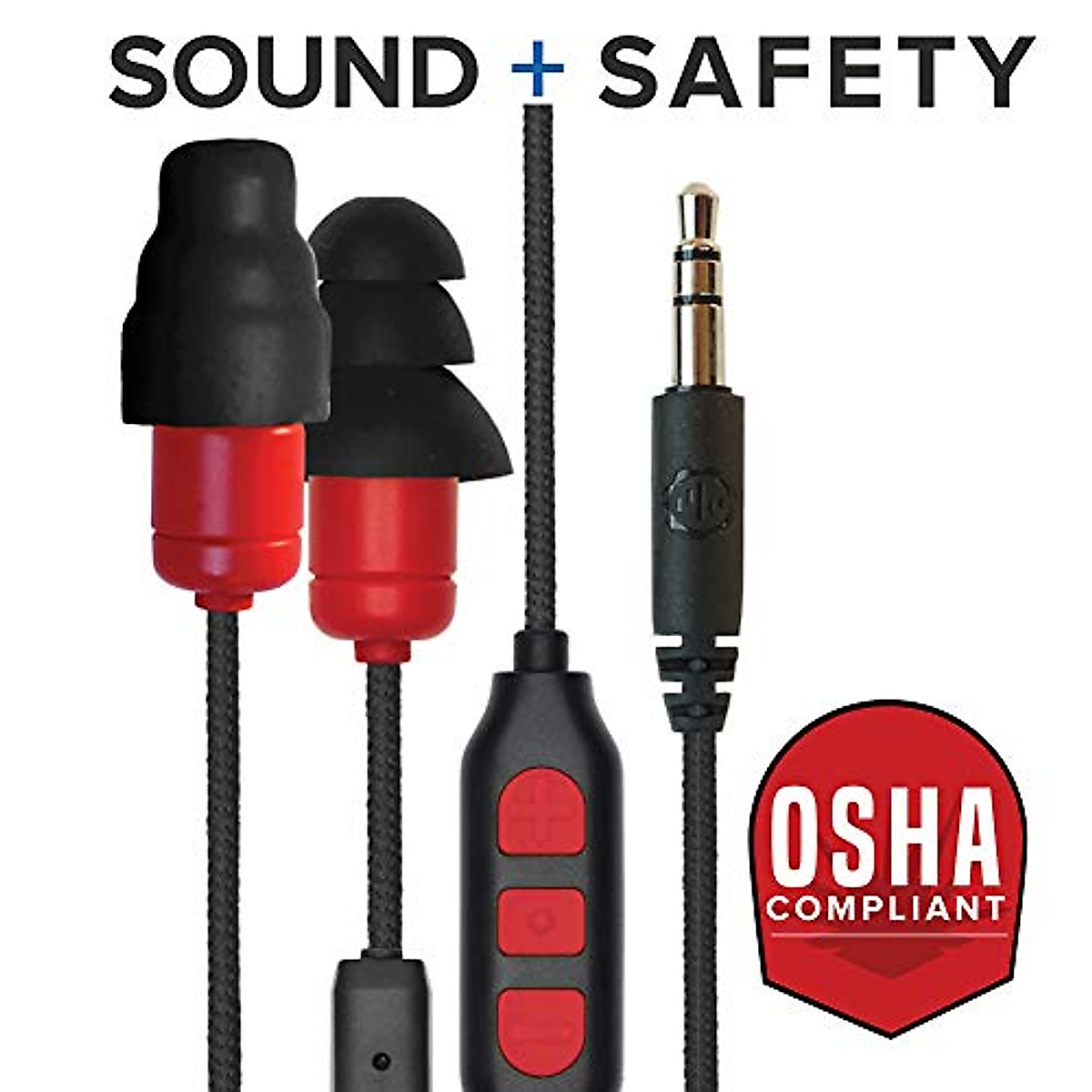 Plugfones Protector Plus VL in-Ear Earplug Earbuds, Noise Reduction Headphones with Noise Isolating Mic and Controls, Black & Red