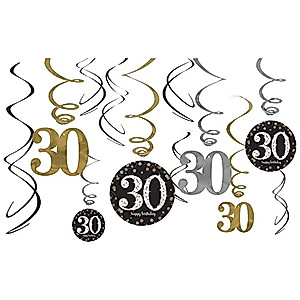 Amscan Sparkling Celebration 30 Foil Swirl Decorations - 5" & 7" (Pack of 12) - Durable & Vibrant Design | Perfect for Parties, Events, & Festivities