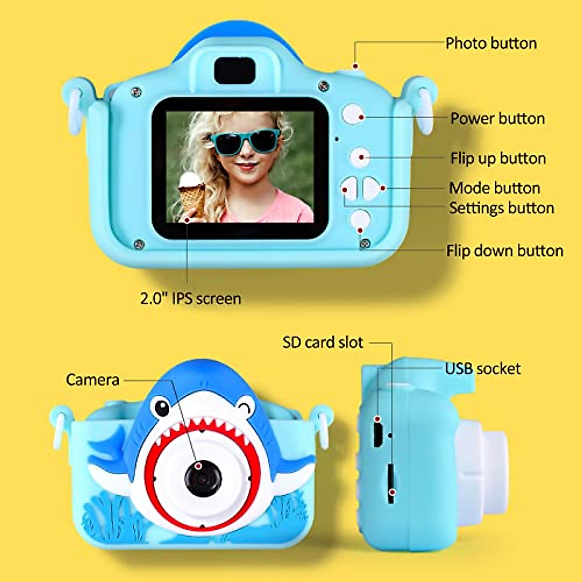 TSYFM Kids Camera for Boys, Dual Lens Kids Selfie Camera, 20MP Digital Video Camera with 2 Inch Screen 32GB Card Shark Silicone Protector, Birthday Gifts for Boys