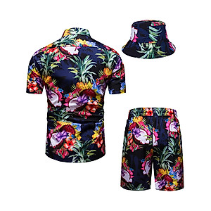TUNEVUSE Mens Hawaiian Shirts and Shorts Set 2 Pieces Tropical Outfits Pineapple Printed Beach Shirt Suit with Bucket Hats Navy 3X-Large