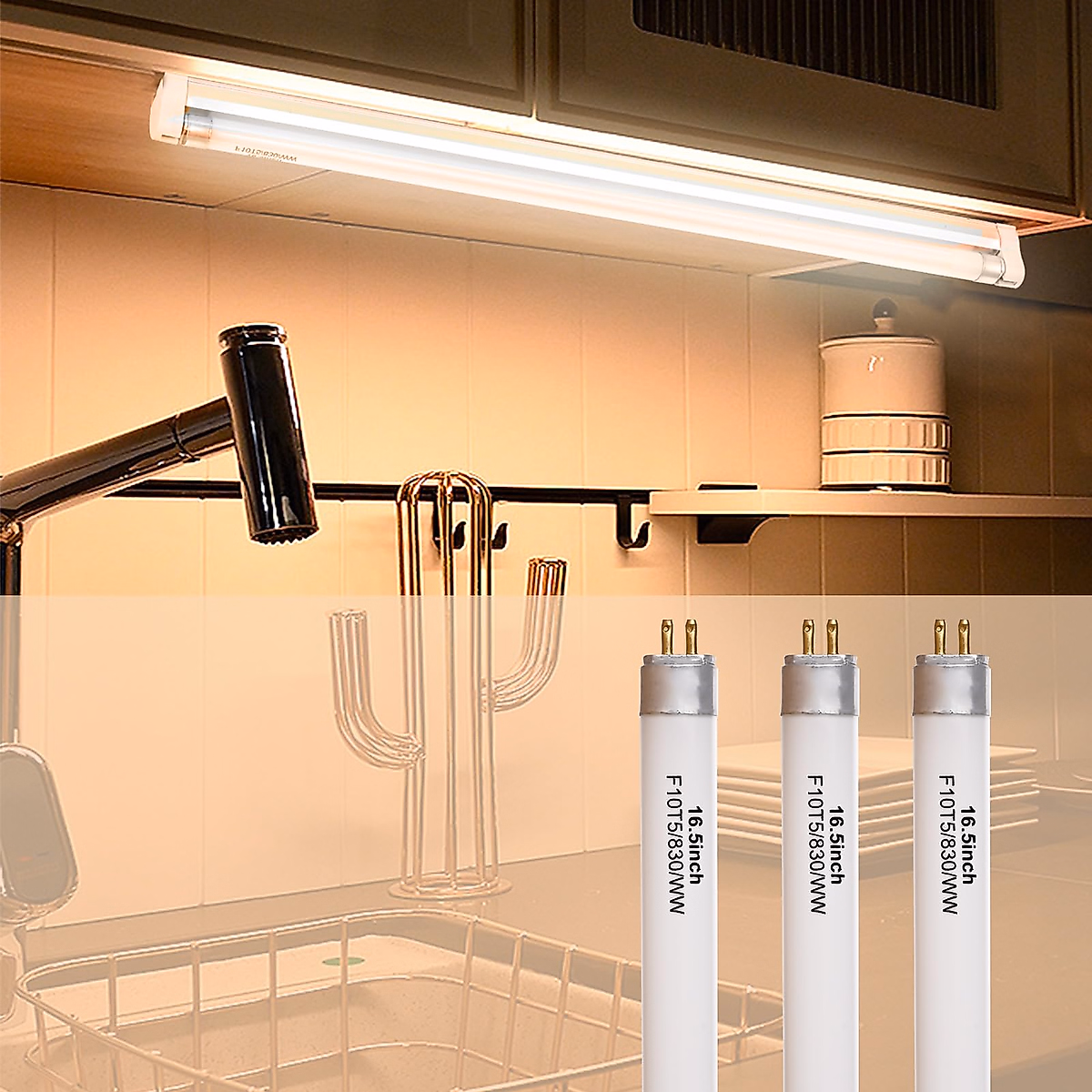 HoazHoald 16” F10T5/830/L Fluorescent Bulb T5 10W 3000K Warm White Light Bulb Diameter 5/8” Replacement for Jasco Philips Under Cabinet Counter Light Fixtures (4 Pack)