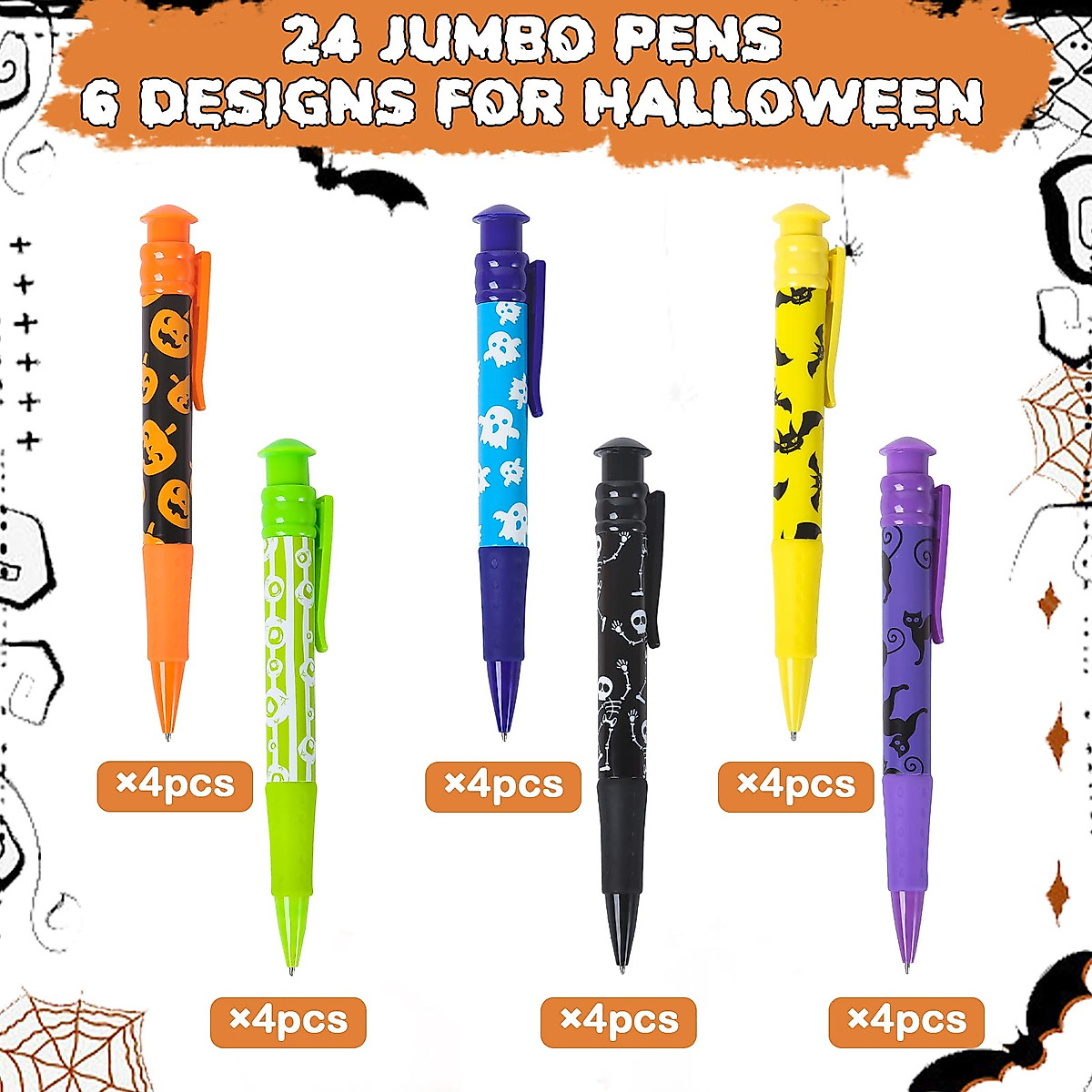 Letapapa Halloween Party Favor for Kids, 24 Pcs Halloween Jumbo Pens in 6 Designs, Halloween Toys, Goodie Bag Stuffers Fillers, Trick or Treat, School Classroom Rewards