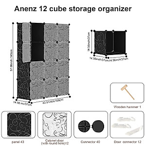 Anenz Cube Storage Organizer,12-Cube Closet Organizer with Doors Plastic Shelving Modular Cubby Shelves Shelf,14 ”x14 Black Storage Cubes Bookshelf