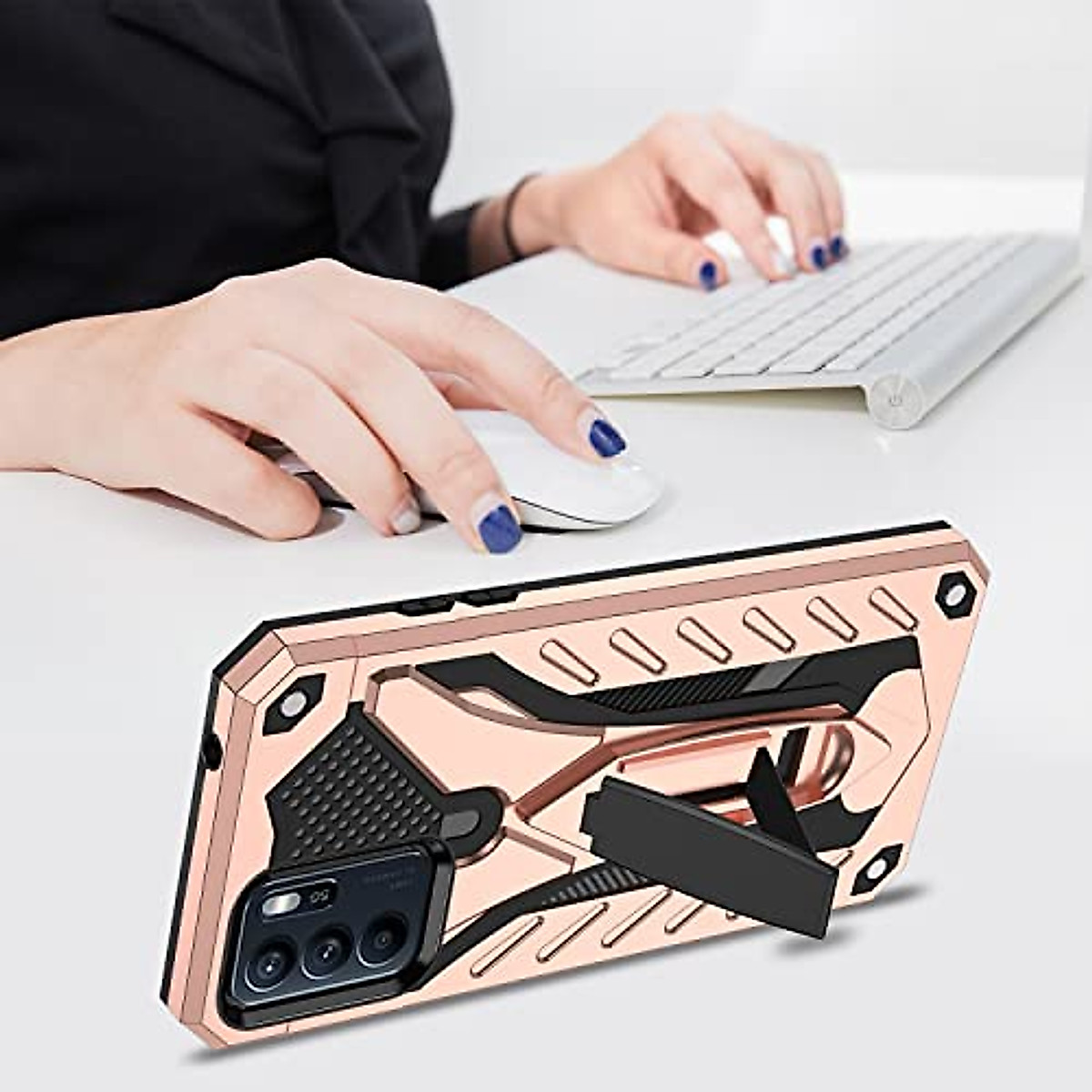 AMAAE Phone Case Compatible with Oppo Reno 6 Pro(5G),Military Grade Strong Two Layer PU+TPU Hybrid Full Body Case,Bracket Protective Dustproof Shockproof Cover (Color : Rose Gold)