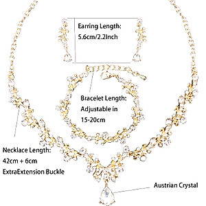 3Pcs Austrian Crystal Jewelry Set for Women, Necklace Dangle Earrings Link Bracelet with Gold/Platinum/Gun Plated, Wedding Party Bridal Bridesmaid (White-Gold Plated)