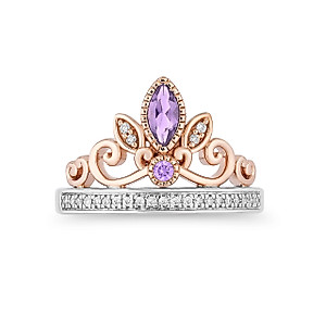 Jewelili Enchanted Disney Fine Jewelry 14K Rose Gold over Sterling Silver with 1/10 Cttw Diamond Rose-de-France Rapunzel Tiara Ring Size 6