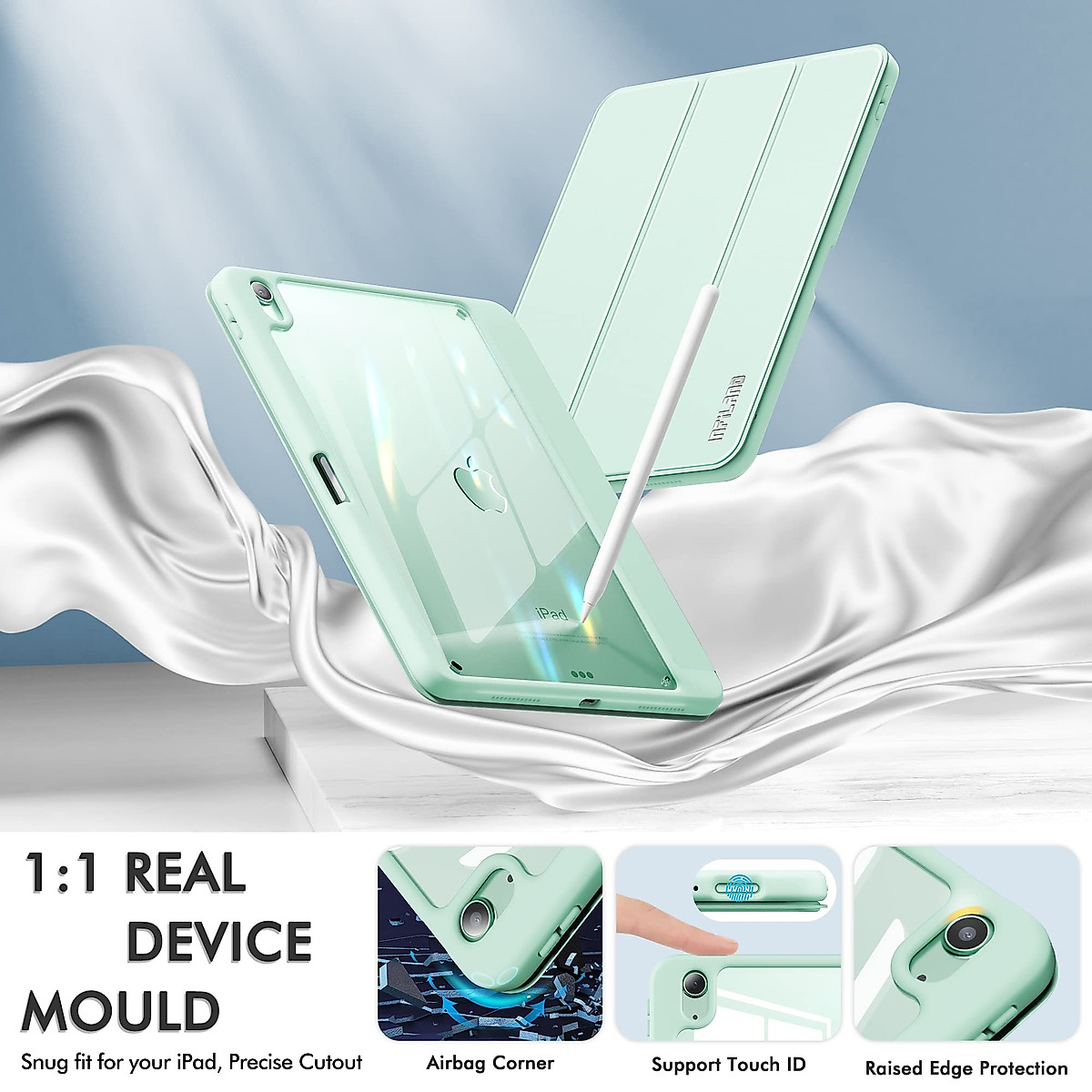 INFILAND Compatible with iPad Air 5 10.9 2022/iPad Air 4 10.9 2020, Ultra-Thin Shockproof TPU Case (with Translucent Matte Back) with Smart Auto Wake/Sleep Function, Mint Green