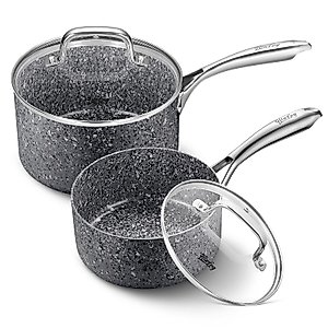 HLFRG Saucepan Set with Lid, Nonstick 2Qt & 3Qt Sauce Pan Set with Lid, Small Pot with Lid, Natural Granite Nonstick Saucepan Set, Small Sauce Pots, Grey Pot Set - 2Qt & 3Qt
